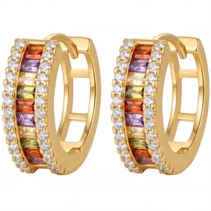 LATELITA Gold And White Baguette Huggie Hoop Earrings With Rainbow Cubic Zirconia