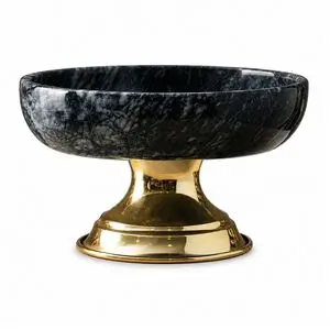 BELS & PEARL Handcrafted Black Decorative Bowl With Brass Pedestal - Grey