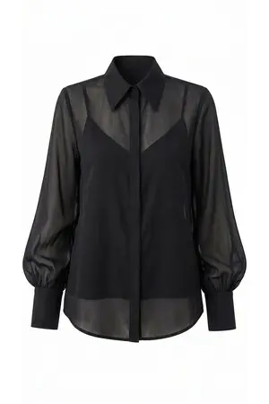 EXQUISE Madelyn Balloon Sleeve Sheer Shirt - Black