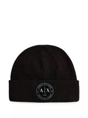 Armani Exchange Logo-patch Ribbed-knit Beanie Hat - Brown
