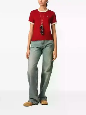 AMI Paris Contrasted Cotton T-shirt With De Coeur Embroidery - Red
