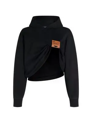 JEAN PAUL GAULTIER Cotton Fleece Hoodie With Leather Tag Detail - Black