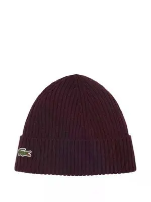 Lacoste Ribbed Knit Wool Beanie With Logo Patch - Red