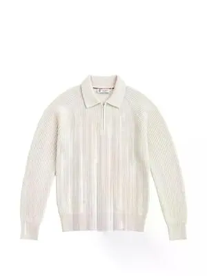 Brunello Cucinelli Ribbed-knit Long-sleeve Polo Shirt - Neutrals