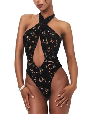 MISS CIRCLE NEW YORK Breanna Velvet Lace Crossover Halter Swimsuit - Black