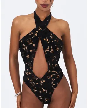 MISS CIRCLE NEW YORK Breanna Velvet Lace Crossover Halter Swimsuit