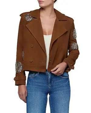 L'Agence Xoey Suede Crystal Trim Cropped Trench Coat