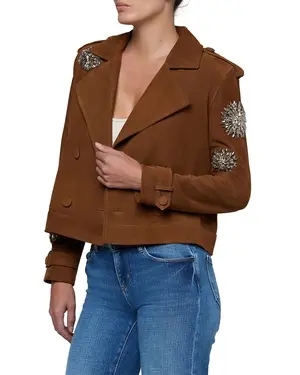 L'Agence Xoey Suede Crystal Trim Cropped Trench Coat