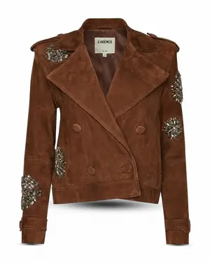 L'Agence Xoey Suede Crystal Trim Cropped Trench Coat
