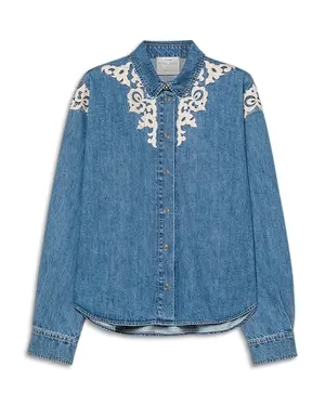 FORTE_FORTE Indigo Twill Embroidered Boxy Denim Shirt - Celeste