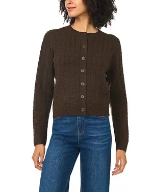 Vince Camuto Crewneck Cable Knit Cardigan Sweater - Chocolate