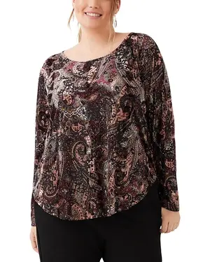 Karen Kane Plus Long Sleeve Velvet Burnout Shirttail Top