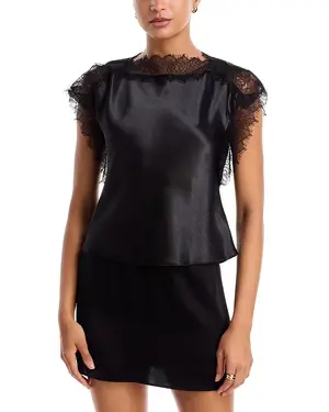 Aqua Lace Trim Satin Top - Black