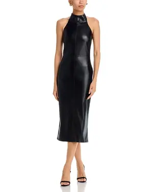 Aqua Faux Leather Halter Midi Dress Exclusive