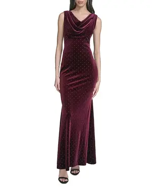 Eliza J Velvet Embellished Drape Neck Gown