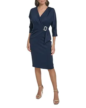Eliza J Side Drape Three Quarter Sleeve Cocktail Dress Navy