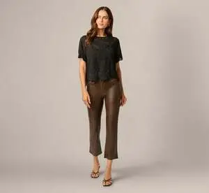 Adrianna Papell Short Sleeve Sheer Embroidered Lace Top - Black