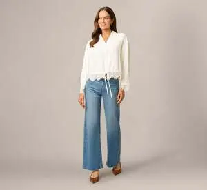 Adrianna Papell Long Sleeve Lace Trim Drawstring Hem Blouse