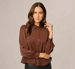 Adrianna Papell Long Sleeve Peplum Collared Blouse - Chicory Coffee