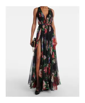 Dolce & Gabbana Floral Pleated Silk Chiffon Gown