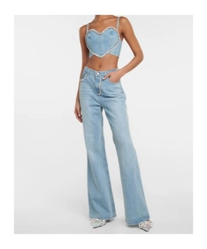 AREA Embellished Cutout Cotton Bootcut Jeans