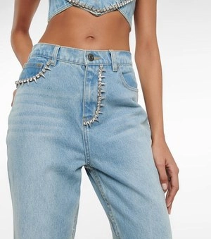 AREA Embellished Cutout Cotton Bootcut Jeans