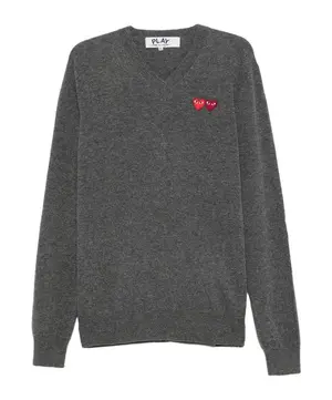 Play Comme Des Garcon V-neck Sweater With Heart Appliqu - Medium Gray