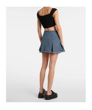 Sacai Pleated Denim Skirt With Raw Edge Hem