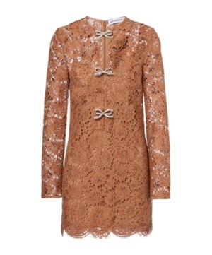 SELF-PORTRAIT Lace Mini Dress With Crystal Bow Details - Brown