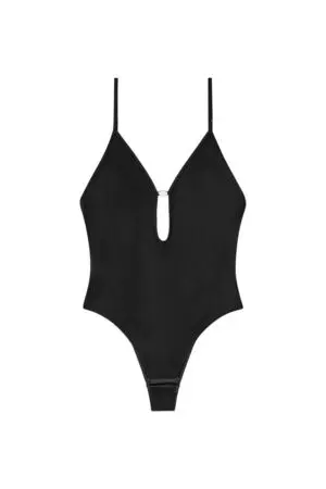 DIESEL® Deep V-neck Open-back Bodysuit With Tone-on-tone Oval D Metal Plate