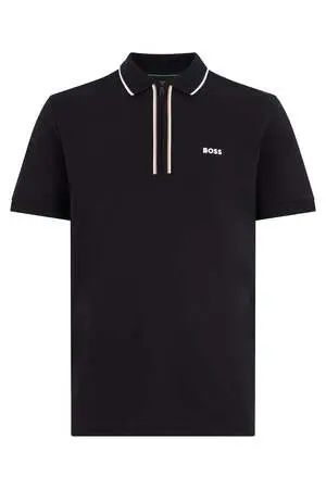 BOSS Cotton Polo With Zip Closure Classic Fit - Black