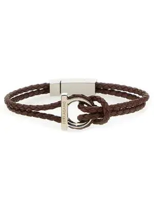 FERRAGAMO Gancini Hook Bracelet In Calf Leather & Mixed Metal - Brown