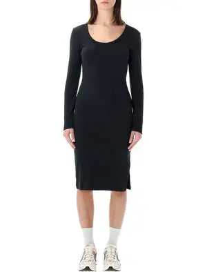 Nike Fitted Ribbed Midi Dress With Side Slit And Long Sleeves - Black