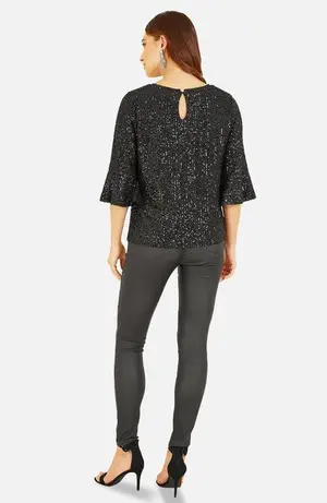 YUMI Sequin V-neck Fluted Sleeve Top