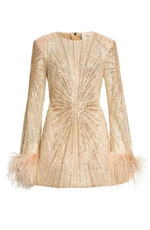 BRONX BANCO Sequin And Feather Embellished Long Sleeve Cocktail Minidress