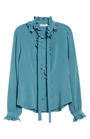 Ulla Johnson Catroux Ruffle Neck Silk Top - Heron
