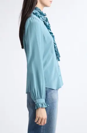 Ulla Johnson Ruffle Neck Silk Top - Heron