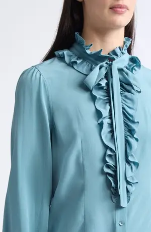 Ulla Johnson Ruffle Neck Silk Top - Heron
