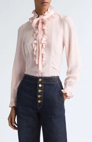 Ulla Johnson Catroux Ruffle Neck Silk Top Powder