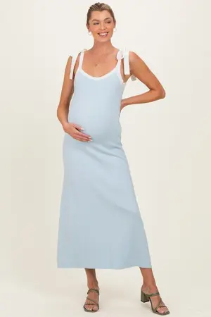 PINKBLUSH Blue Knit Contrast Shoulder Tie Dress