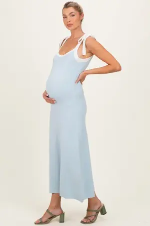 PINKBLUSH Blue Knit Contrast Shoulder Tie Dress