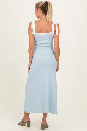 PINKBLUSH Blue Knit Contrast Shoulder Tie Dress