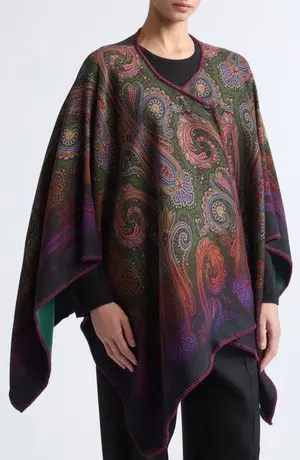 Etro Ombré Paisley Swirl Reversible Wool Blend Cape