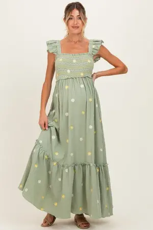 PINKBLUSH Floral Embroidered Smocked Maxi Dress
