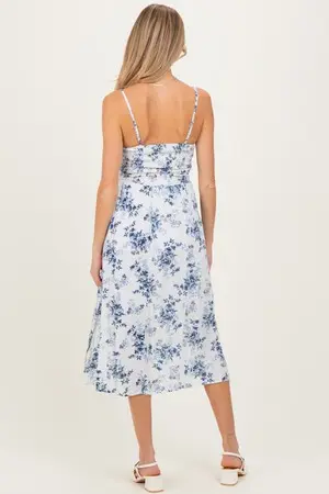 PINKBLUSH Blue Floral Twisted Front Midi Dress
