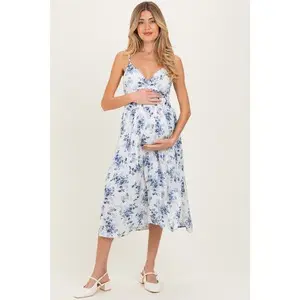 PINKBLUSH Floral Twisted Front Maternity Midi Dress - White