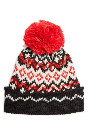 Topshop Sequin Fair Isle Pom Beanie - Black Multi