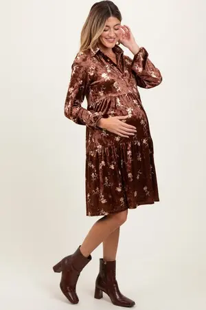 PINKBLUSH Floral Velvet Button Down Midi Dress