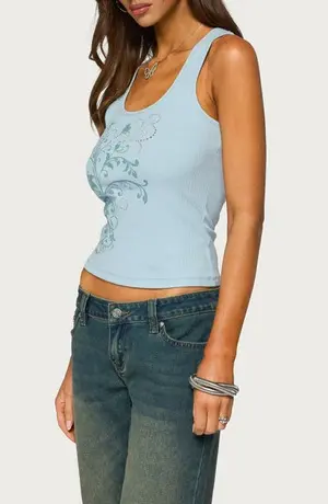 EDIKTED Veila Rhinestone Ribbed Graphic Tank