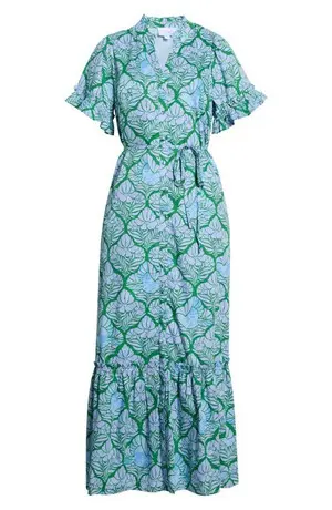 SUGARLIPS Alna Floral Ruffle Trim Button-up Midi Dress